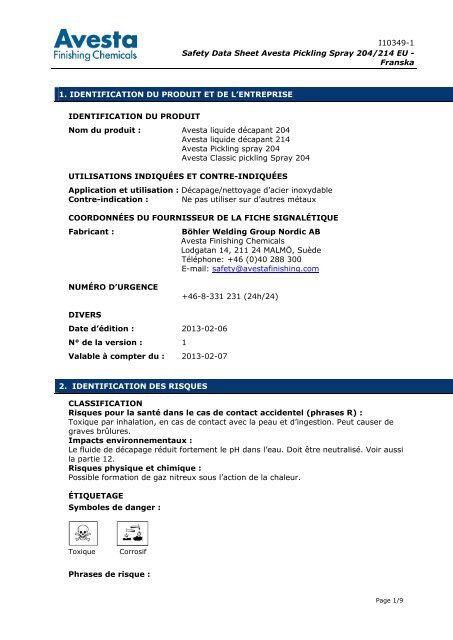 Safety Data Sheet Avesta Pickling Spray 204/214 EU - Franska