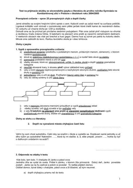 Test na prijÃ­macie skÃºÅ¡ky zo slovenskÃ©ho jazyka