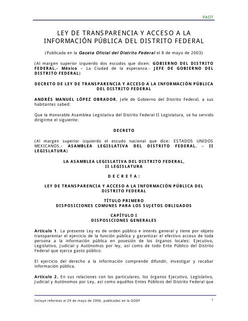 LEY DE TRANSPARENCIA Y ACCESO A LA INFORMACIÓN PÚBLICA DEL DISTRITO FEDERAL