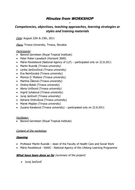 Minutes from WORKSHOP - Capacity building of human resource for ...