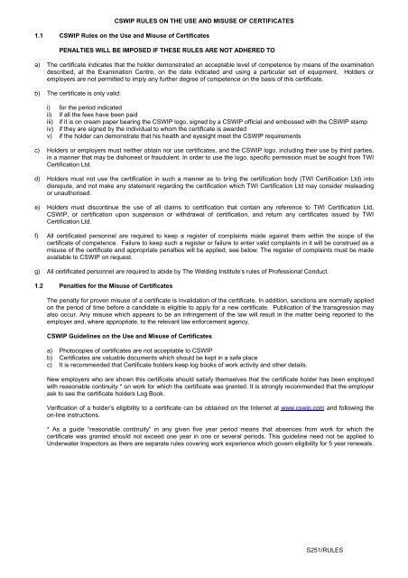 S251/RULES CSWIP RULES ON THE USE AND ... - Cswip.com