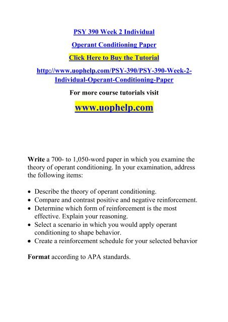 PSY 390 Week 2 Individual Operant Conditioning Paper