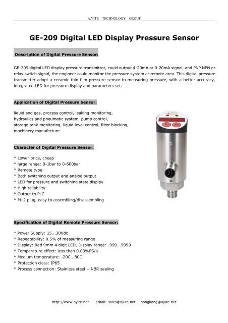GE-209 Remote Digital LED Display Pressure Sensor