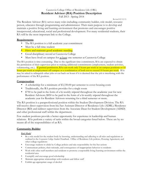 Resident Advisor (RA) Position Description