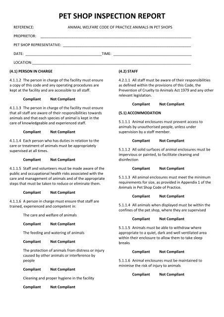 PET SHOP INSPECTION REPORT