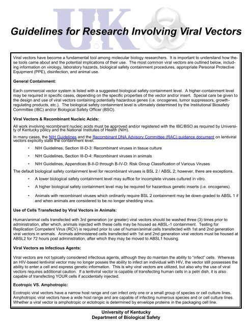 Guidelines for Research Involving Viral Vectors
