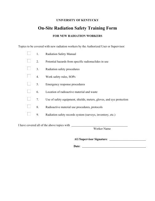 On-Site Radiation Safety Training Form