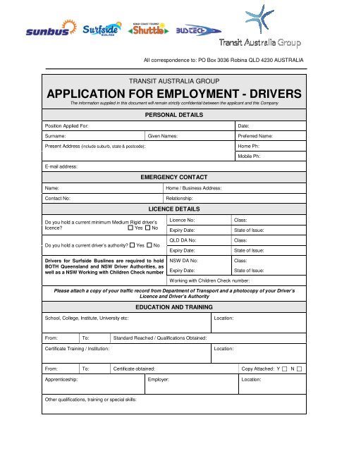 APPLICATION FOR EMPLOYMENT - DRIVERS
