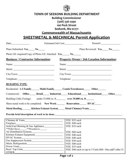 SHEETMETAL & MECHNICAL Permit Application
