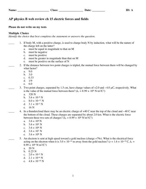 AP physics B web review ch 15 electric forces and fields