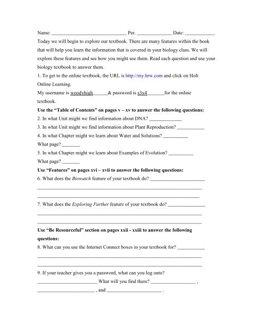 Biology textbook scavenger hunt