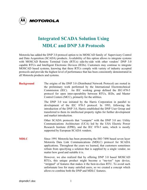 Integrated SCADA Solution Using MDLC and DNP 3.0 Protocols