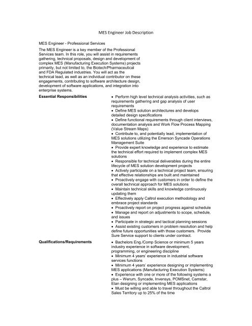 MES Engineer Job Description