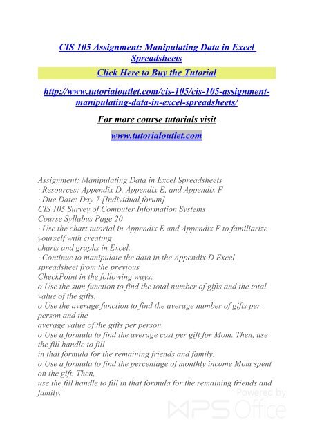CIS 105 Assignment- Manipulating Data in Excel Spreadsheets(1) /Tutorialoutlet