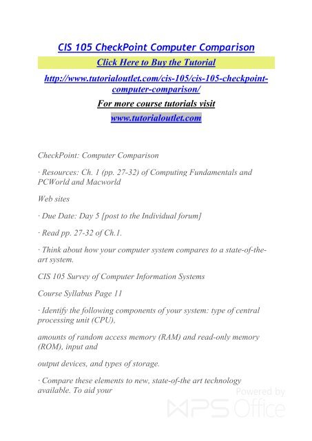 CIS 105 CheckPoint Computer Comparison /Tutorialoutlet