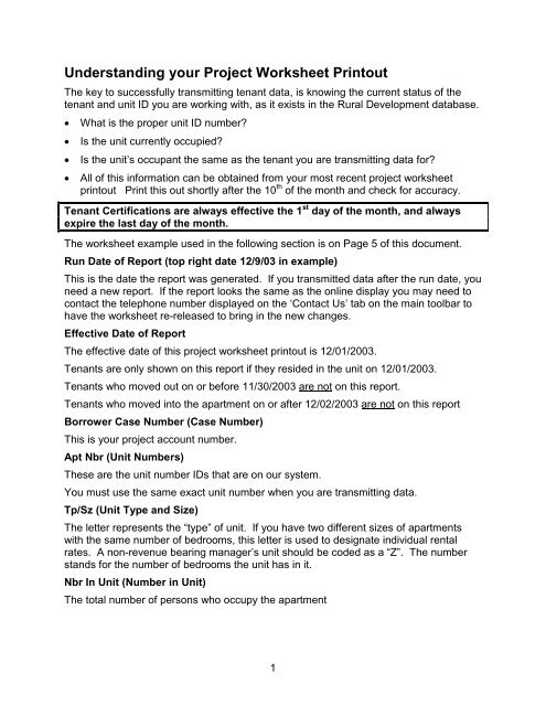 Understanding your Project Worksheet Printout