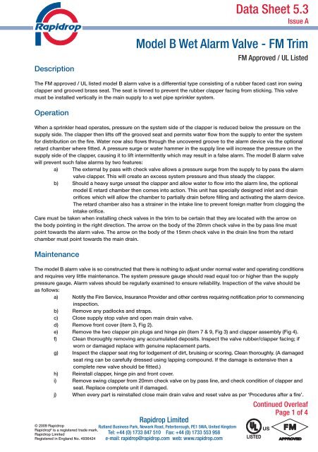 Data Sheet 5.3 Model B Wet Alarm Valve - FM Trim