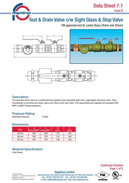 Data Sheet 7.1 Test & Drain Valve c/w Sight Glass & Stop Valve
