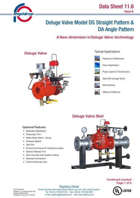 Data Sheet 11.6 Deluge Valve Model DS Straight Pattern & DA Angle Pattern