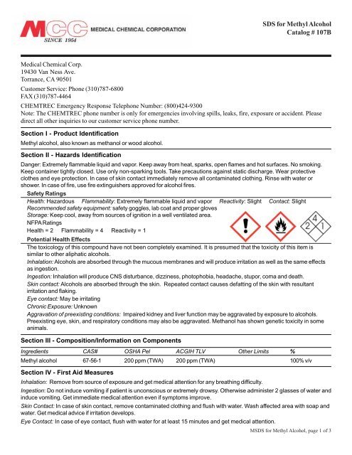 SDS for Methyl Alcohol Catalog # 107B
