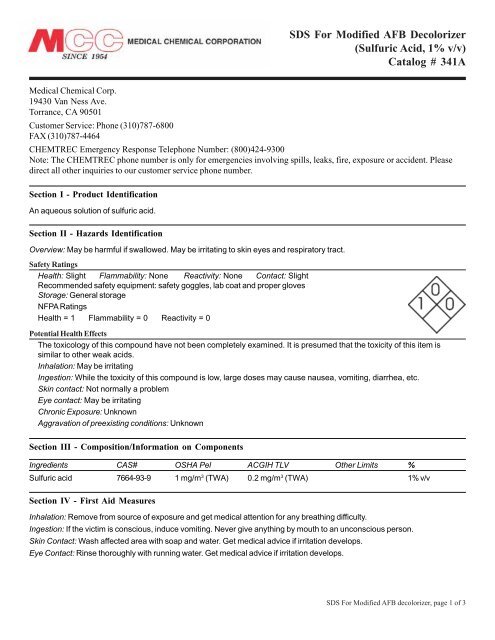 SDS For Modified AFB Decolorizer (Sulfuric Acid 1% v/v) Catalog # 341A