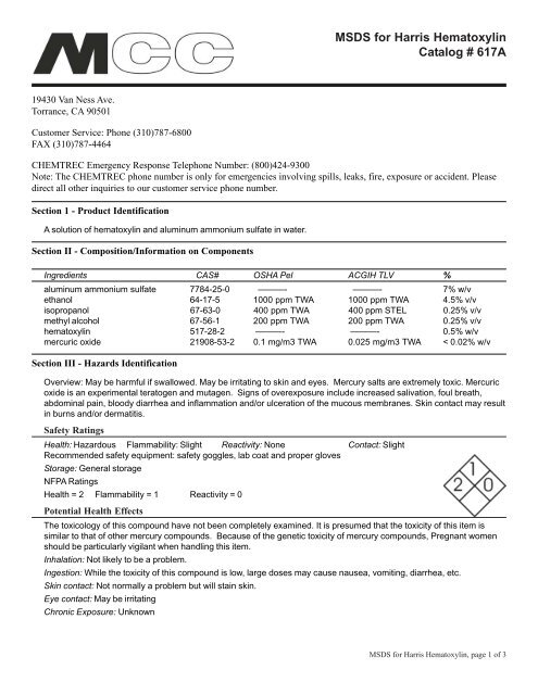 Hematoxylin Msds HEMATOXYLIN SOLUTION MODIFIED ACC.TO GILL II