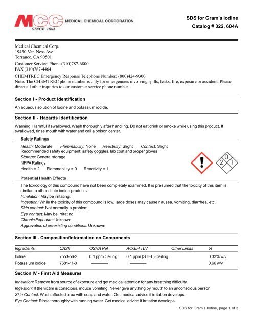 SDS for Gram’s Iodine Catalog # 322 604A
