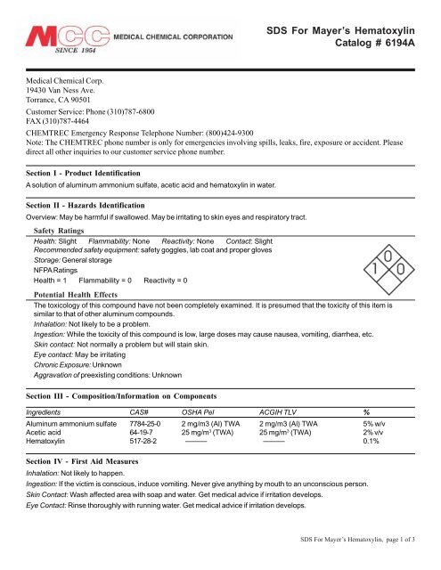 Hematoxylin Msds HEMATOXYLIN SOLUTION MODIFIED ACC.TO GILL II