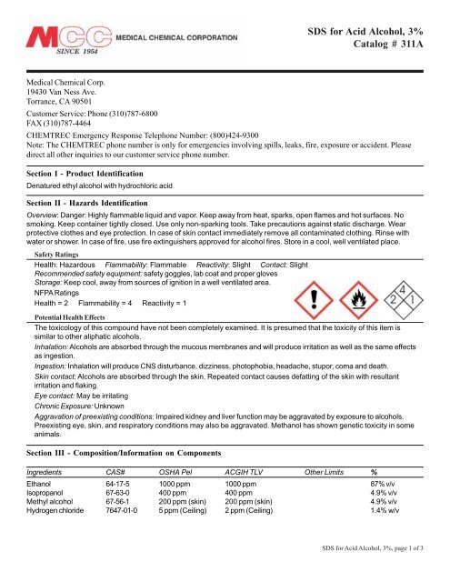 SDS for Acid Alcohol 3% Catalog # 311A