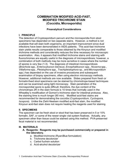 COMBINATION MODIFIED ACID-FAST MODIFIED TRICHROME STAIN (Coccidia ...