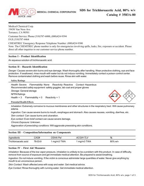 SDS for Trichloroacetic Acid 80% w/v Catalog # 3583A-80 SDS for Trichloroacetic Acid 80% w/v Catalog # 3583A-80