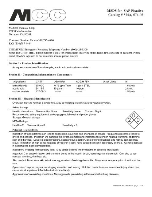 MSDS for SAF Fixative Catalog # 574A 574-05