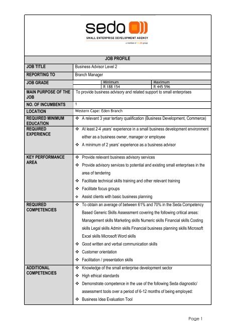 JOB PROFILE JOB TITLE Business Advisor Level 2 ... - Seda