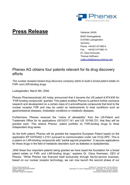 Press Release - Phenex Pharmaceuticals AG