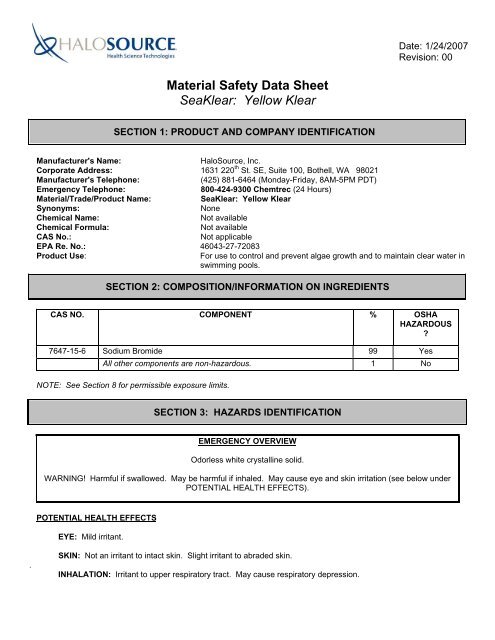 Material Safety Data Sheet SeaKlear Yellow Klear