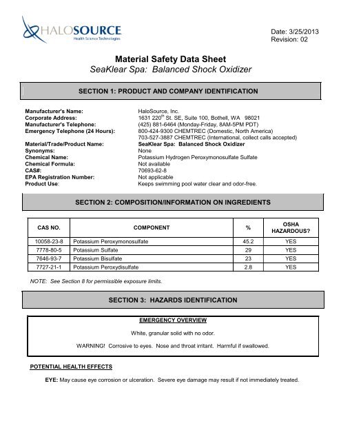 Material Safety Data Sheet SeaKlear Spa Balanced Shock Oxidizer