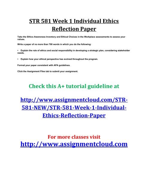 STR 581 Week 1 Individual Ethics Reflection Paper