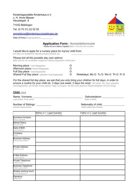 Application Form / Anmeldeformular - Kinderhaus Böblingen eV