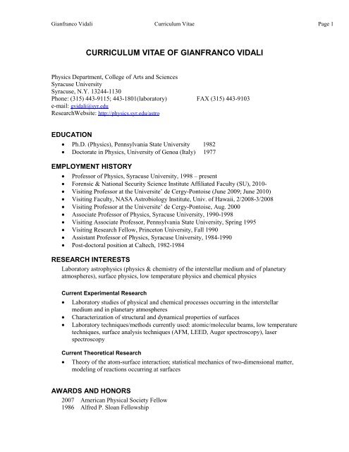 CURRICULUM VITAE OF GIANFRANCO VIDALI
