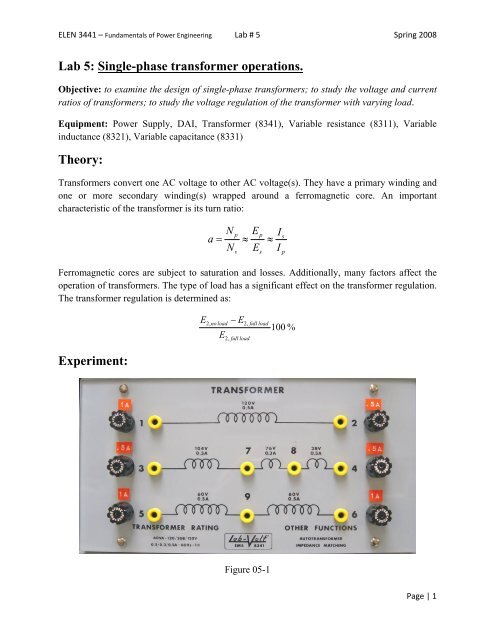 Lab 5 Single-phase transformer operations Theory Experiment