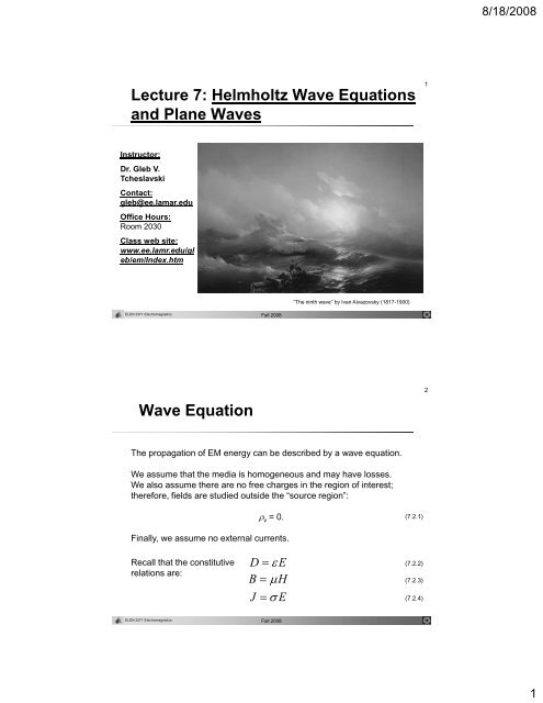 Lecture 7 Helmholtz Wave Equations and Plane Waves Wave Equation