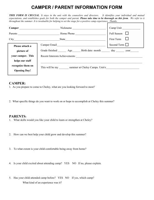 CAMPER / PARENT INFORMATION FORM