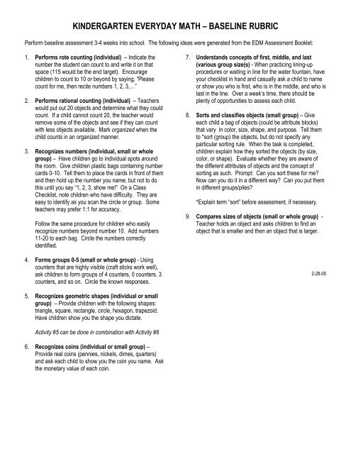 KINDERGARTEN EVERYDAY MATH – BASELINE RUBRIC