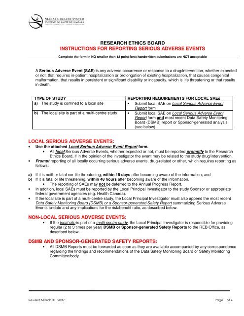 Local Serious Adverse Event Report Niagara Health System