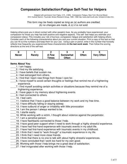 Compassion Satisfaction/Fatigue Self-Test for Helpers