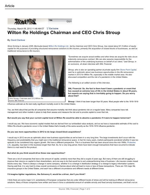 Wilton Re Holdings Chairman and CEO Chris Stroup