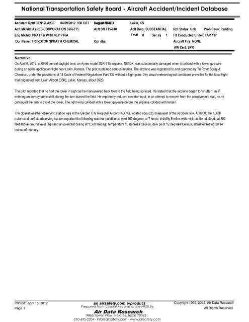 National Transportation Safety Board - Aircraft Accident/Incident Database