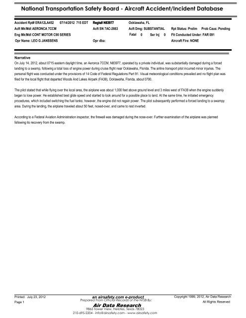 National Transportation Safety Board - Aircraft Accident/Incident Database