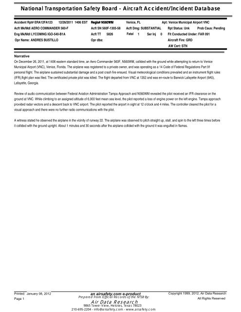 National Transportation Safety Board - Aircraft Accident/Incident Database