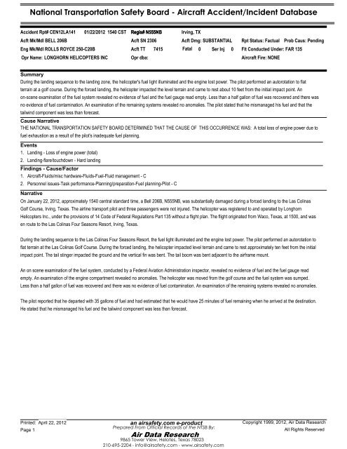 National Transportation Safety Board - Aircraft Accident/Incident Database